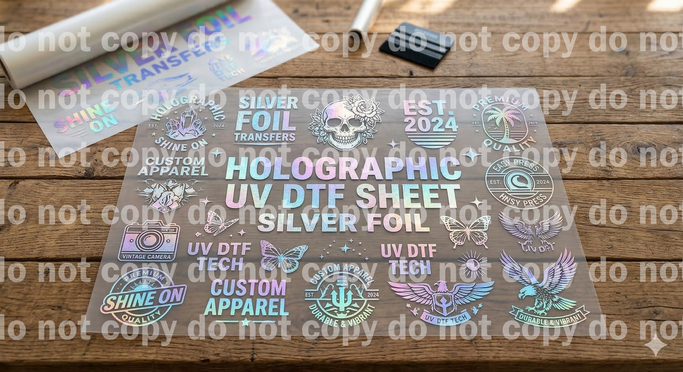 Holographic and metallic UV DTF Hard surface decal gang sheets - Use o ...